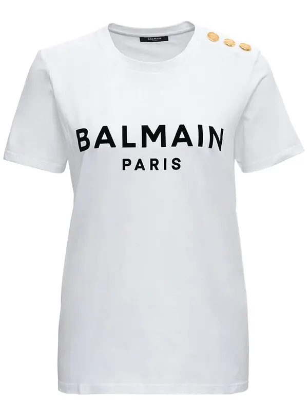Balmain Crewneck T-shirt With Golden Buttons And Logo Print - Multicolor