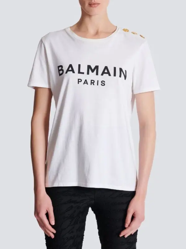 Balmain Crewneck T-shirt With Golden Buttons And Logo Print - Multicolor