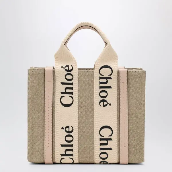 Chloé Woody Small Shopping Bag In Beige Canvas - Pink