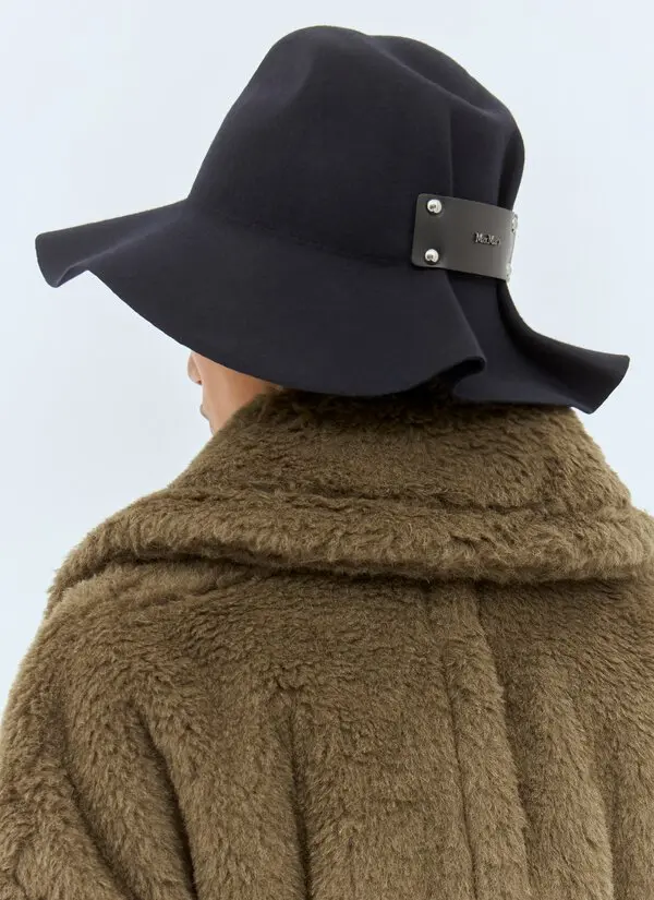 Max Mara Felted Wool Wide Brim Fedora Hat With Leather Logo Detail