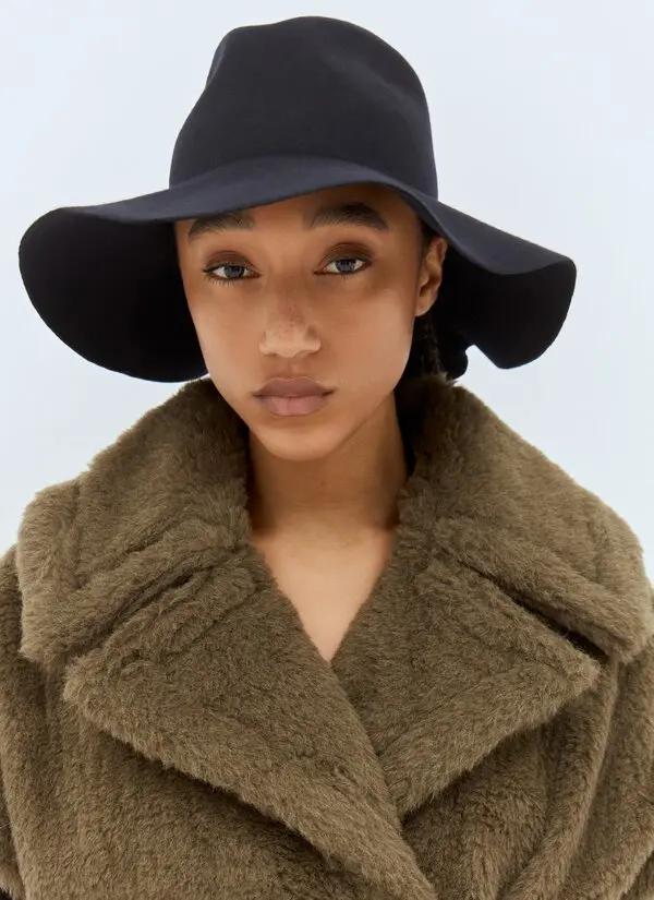 Max Mara Felted Wool Wide Brim Fedora Hat With Leather Logo Detail - Blue