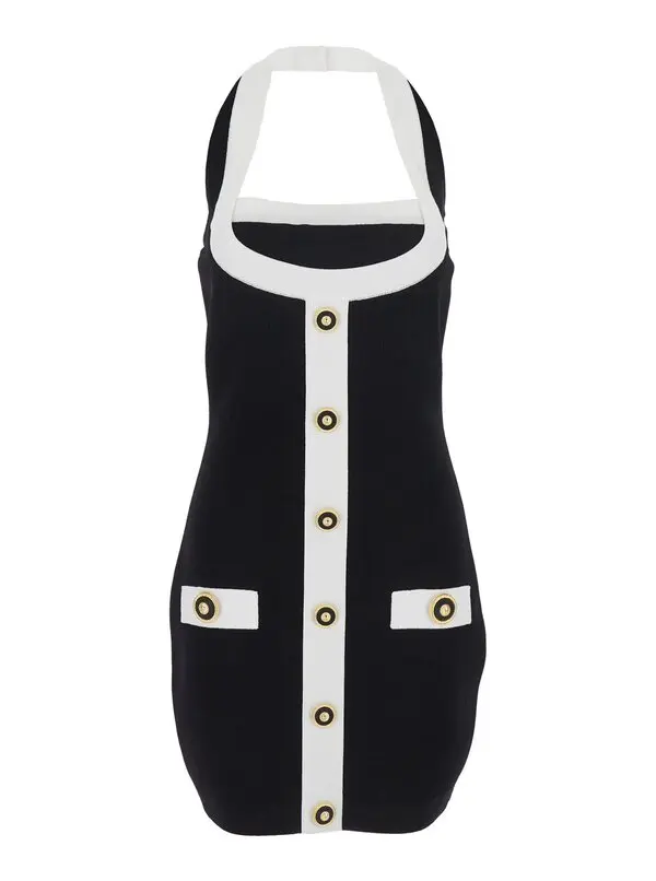 Balmain Black Viscose Blend Dress With Square Neckline And Decorative Buttons - Multicolor