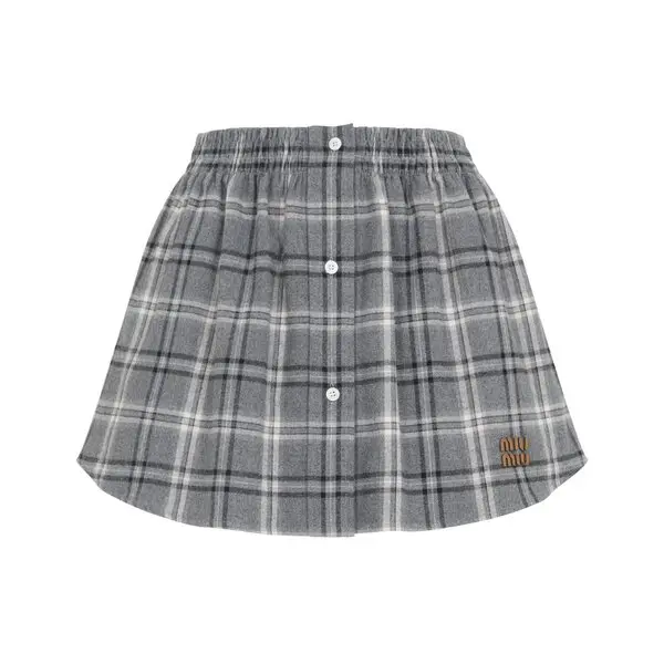 Miu Miu Checked Cotton Midi Skirt With Embroidered Logo