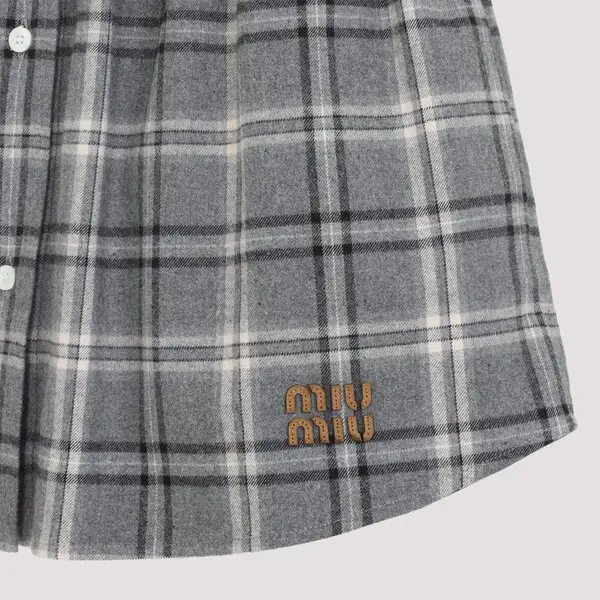 Miu Miu Checked Cotton Midi Skirt With Embroidered Logo - Gray