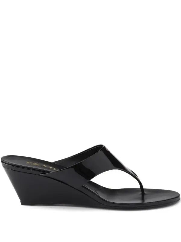 Prada Patent Leather Wedge Thong Sandals - Black