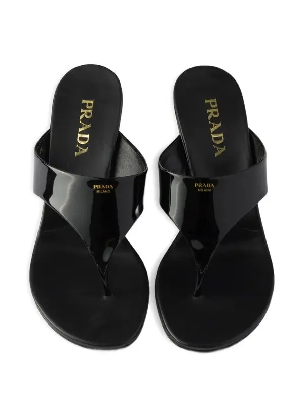 Prada Patent Leather Wedge Thong Sandals - Black