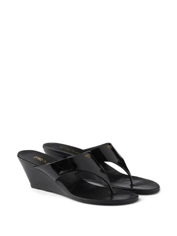 Prada Patent Leather Wedge Thong Sandals - Black