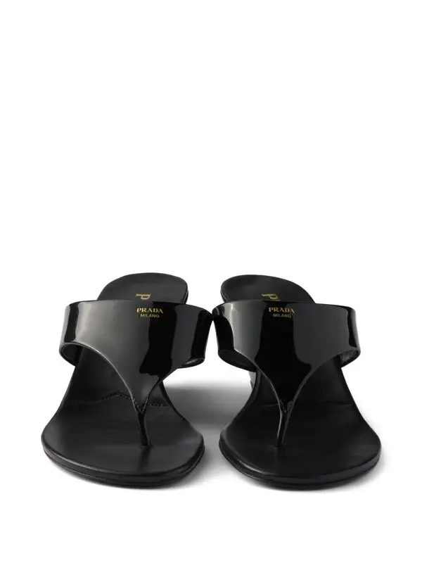 Prada Patent Leather Wedge Thong Sandals - Black
