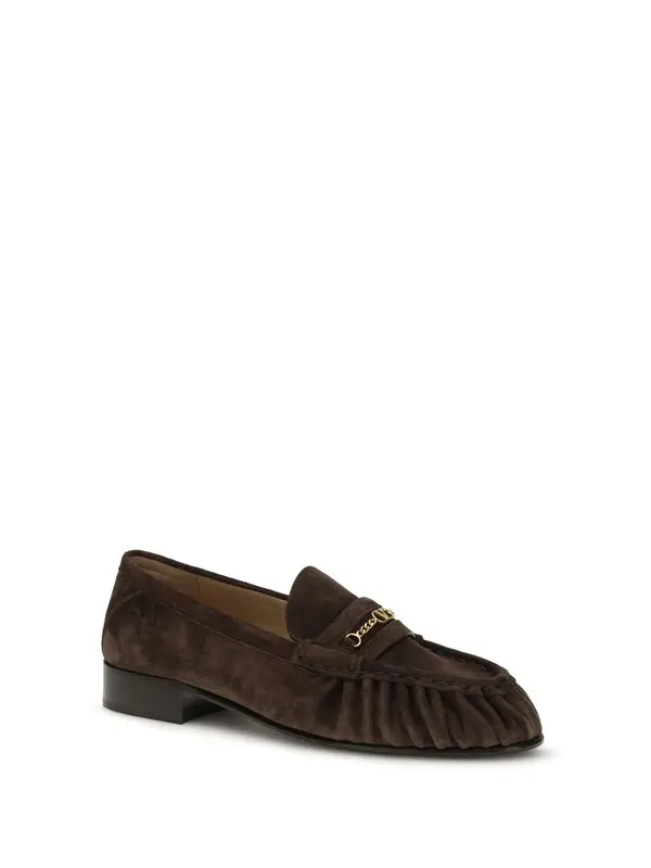 Valentino Garavani Suede Loafers With Gold Vlogo Signature Chain Detail - Brown