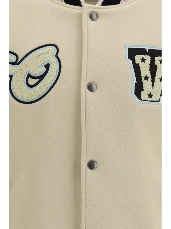 Off-White Varsity Star Logo Leather And Wool Jacket - Cream