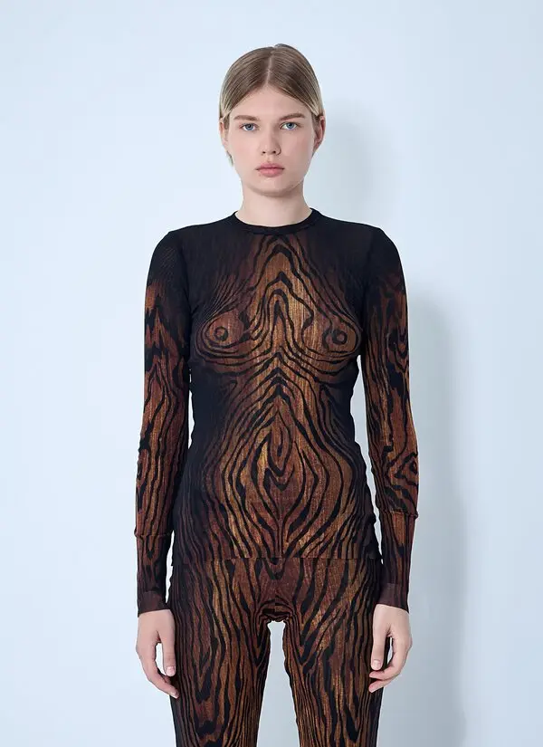 JEAN PAUL GAULTIER Long Sleeve Wood Print Mesh Top - Black