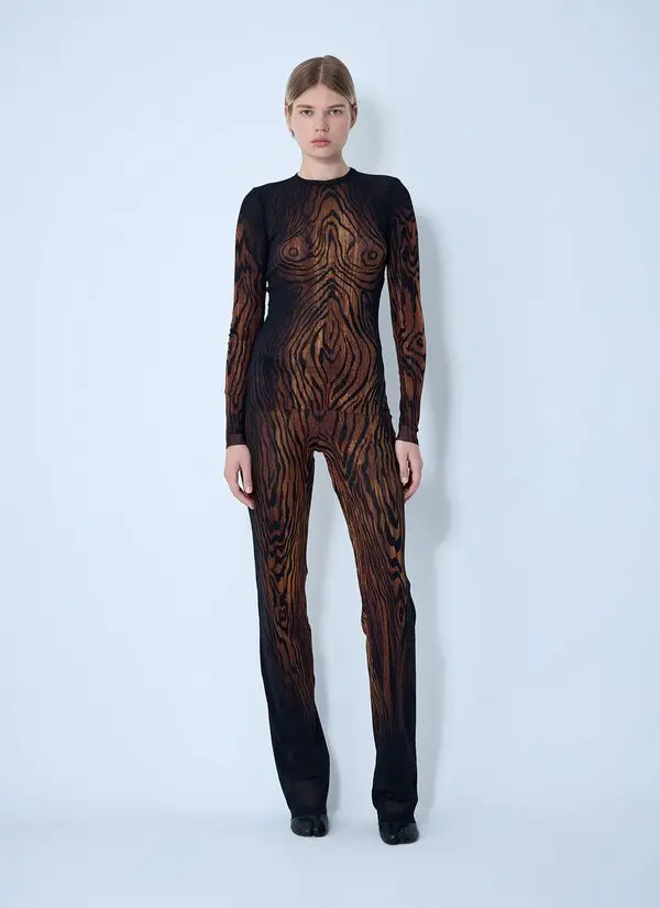 JEAN PAUL GAULTIER Long Sleeve Wood Print Mesh Top - Black