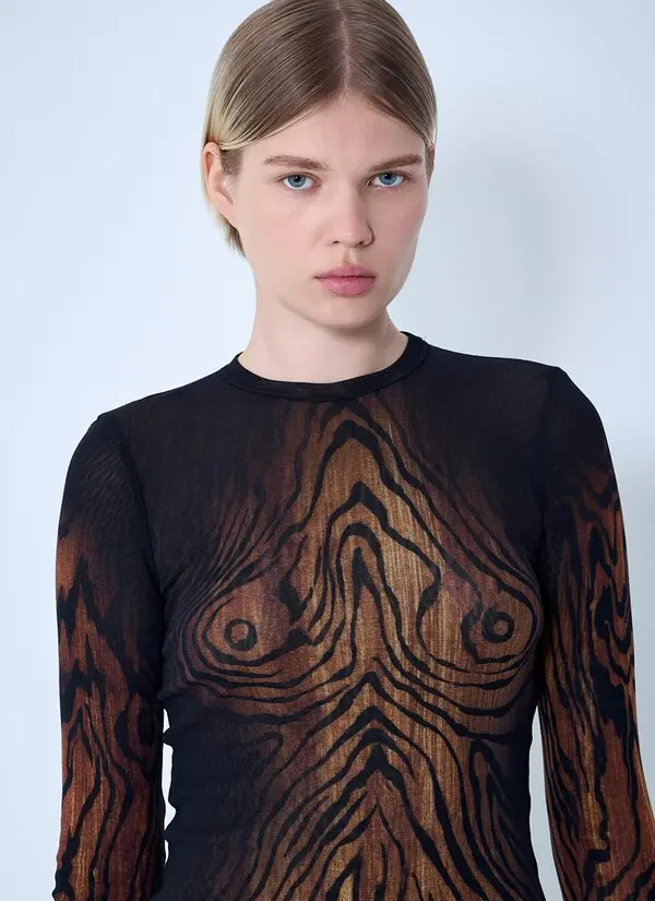 JEAN PAUL GAULTIER Long Sleeve Wood Print Mesh Top - Black