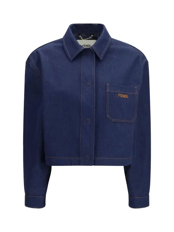 Fendi Cropped Denim Jacket With Embroidered Logo - Blue