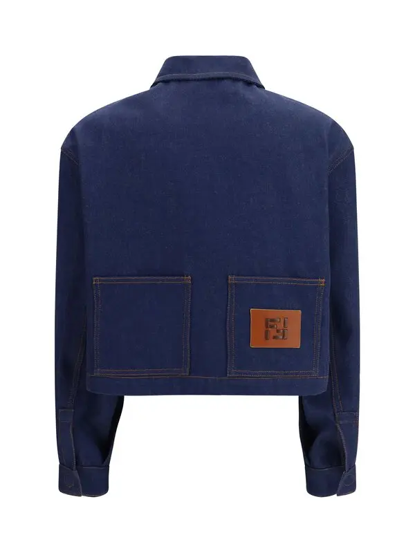 Fendi Cropped Denim Jacket With Embroidered Logo - Blue