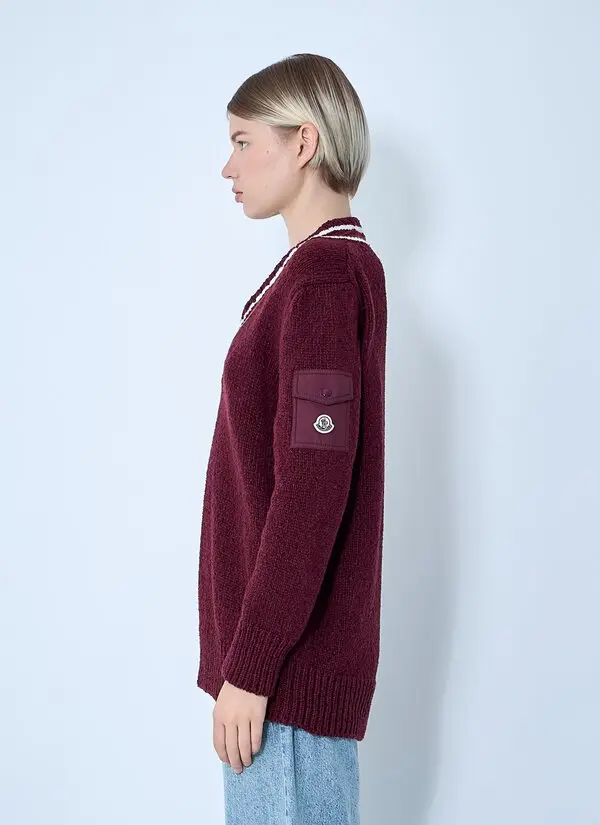 Moncler V-neck Wool Sweater With Ribbed Trims And Pocket Detail
