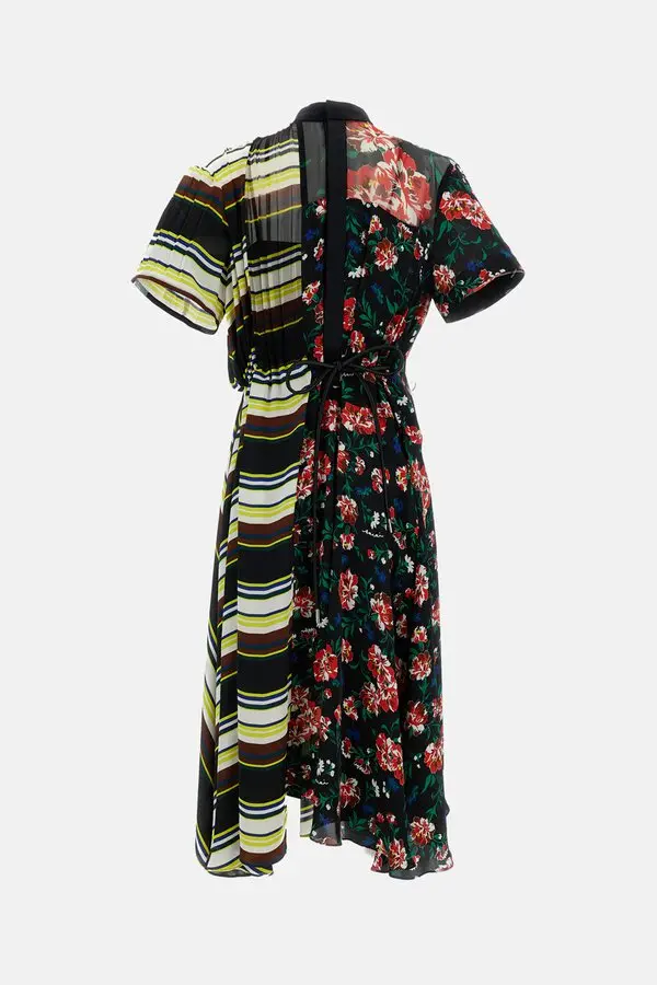 Sacai Paneled Midi Dress With Floral And Stripe Patterns
