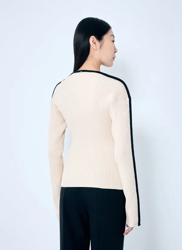 Sportmax Ribbed Fitted Crewneck Sweater With Contrast Stripe Detail