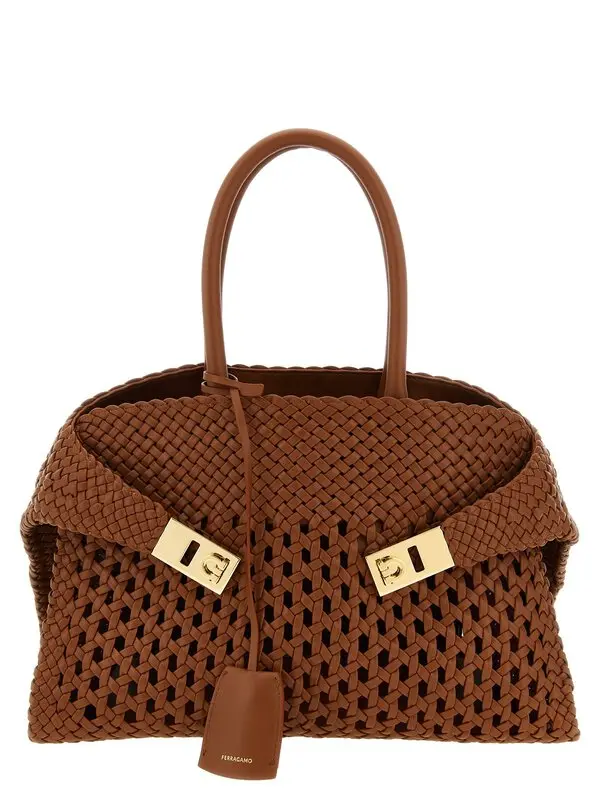 FERRAGAMO Woven Leather Handbag With Gancini Detail - Brown