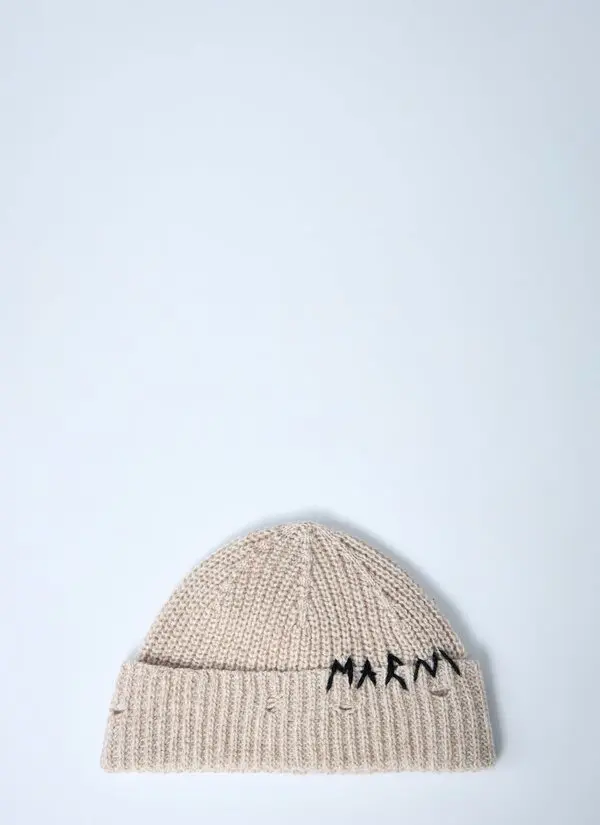 Marni Logo Motif Wool Knit Beanie Hat - Cream