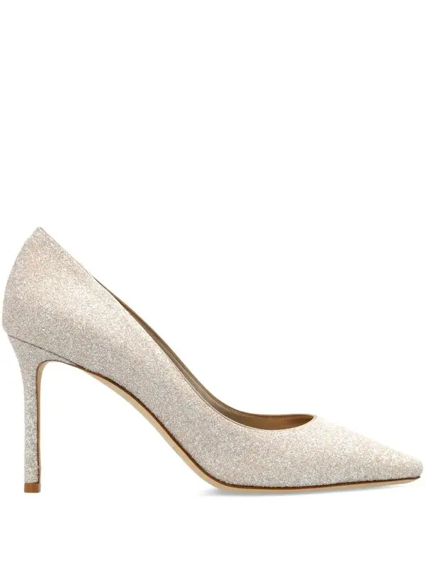 JIMMY CHOO Romy 85 Champagne Coarse Glitter Fabric Pumps - Silver