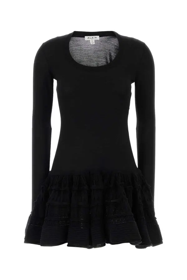 Alaïa Stretch Wool Blend Mini Dress With Ruffle Detail - Black