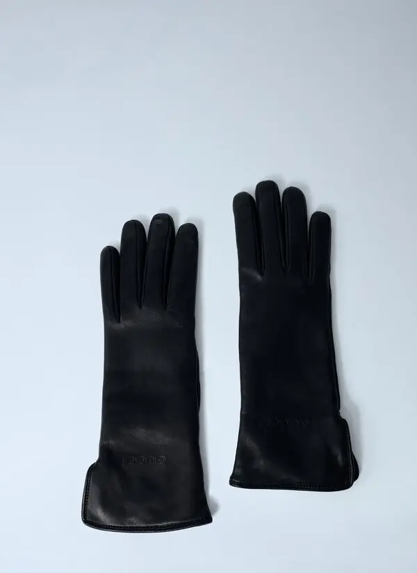 Gucci Logo Embossed Leather Gloves - Black