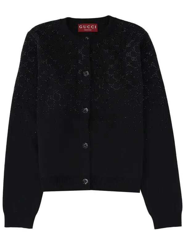 Gucci Crystal Embellished Wool Blend Cardigan - Black