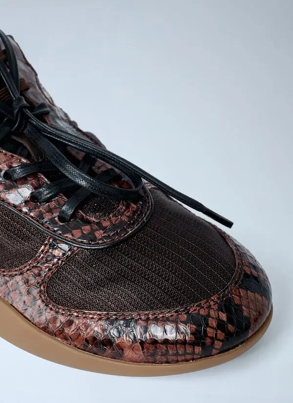 Miu Miu Technical Fabric And Python-print Leather Sneakers - Brown