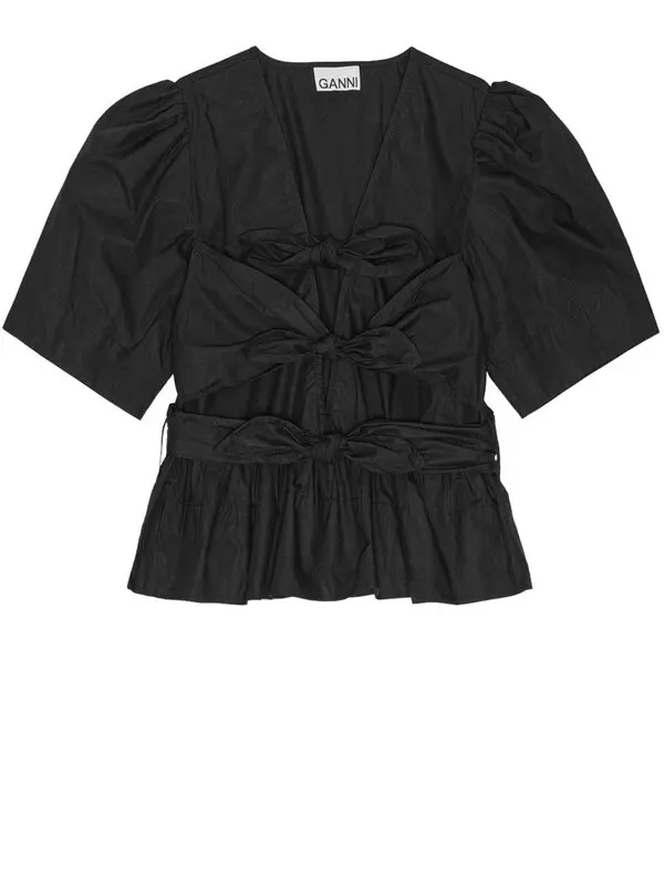 GANNI Cotton Bow Detail Top - Black