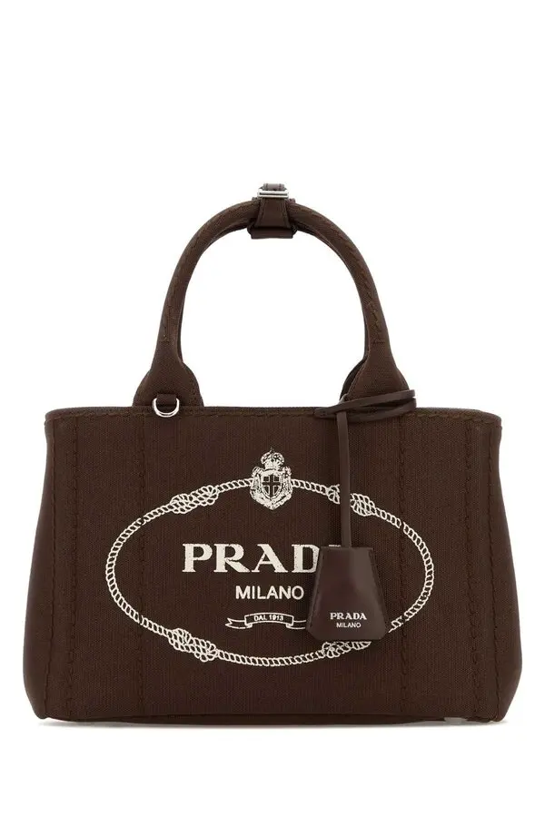 Prada Canvas Small Jardinière Handbag With Silver Tone Finishing - Brown