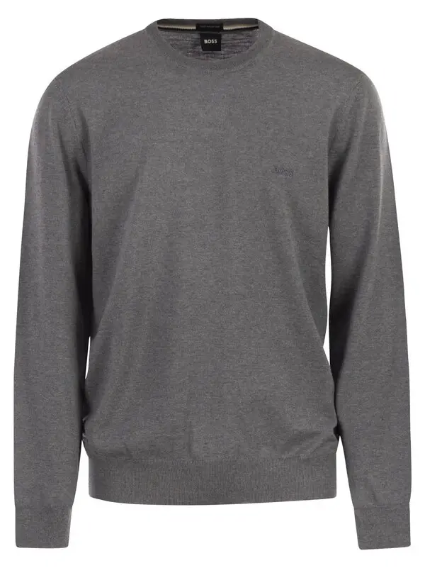 BOSS Regular Fit Virgin Wool Jumper With Embroidered Logo - Gray