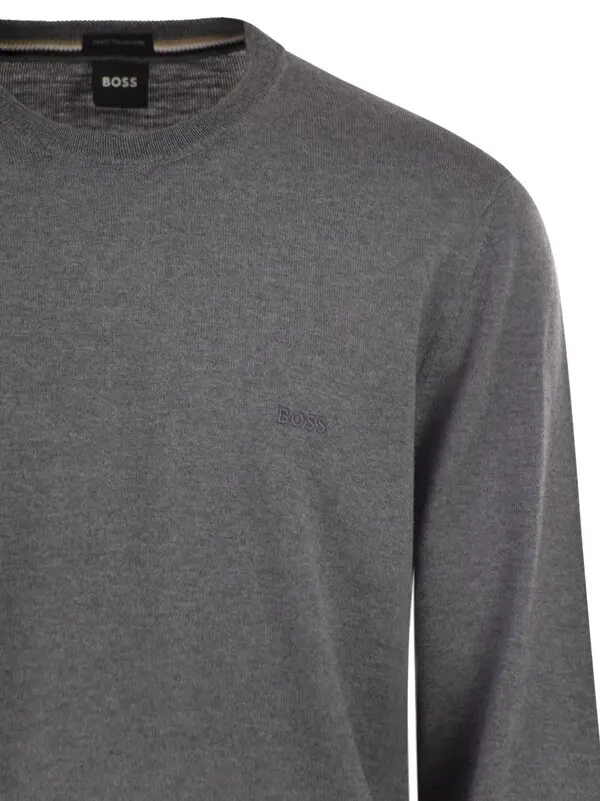 BOSS Regular Fit Virgin Wool Jumper With Embroidered Logo - Gray
