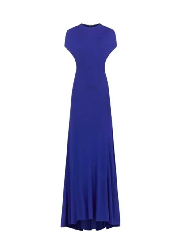 TOM FORD Backless Evening Dress With Cap Sleeves And Train - Blue