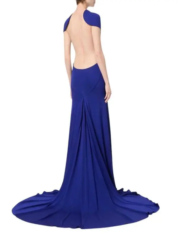 TOM FORD Backless Evening Dress With Cap Sleeves And Train - Blue