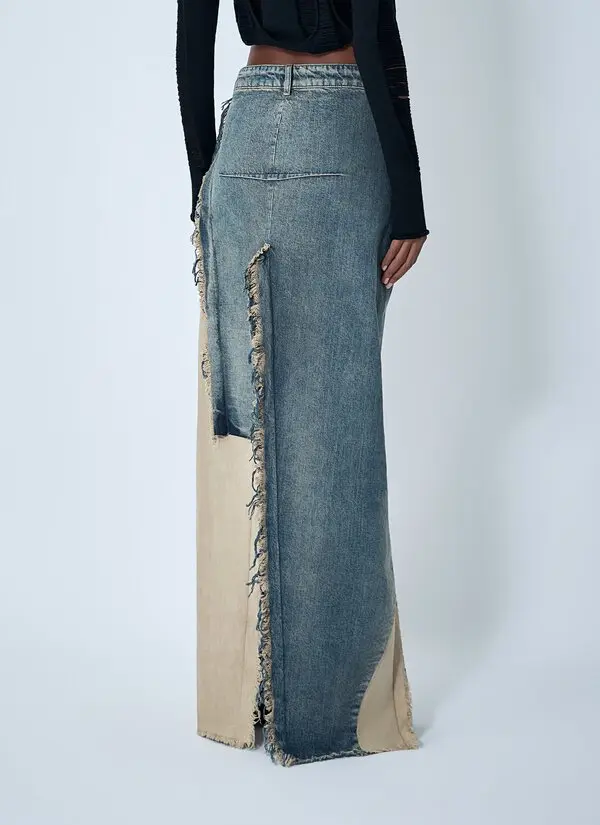 Rick Owens Distressed Denim Maxi Skirt