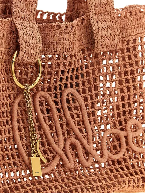 Chloé Crocheted Raffia East-west Shopping Bag With Leather Trim - Pink