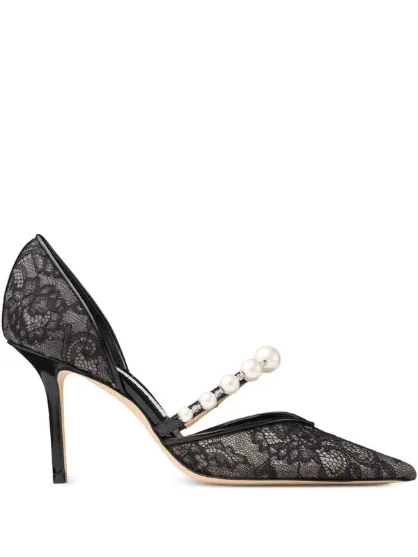 JIMMY CHOO Aurelie 85mm Lace Pumps With Pearl Embellishment - Black