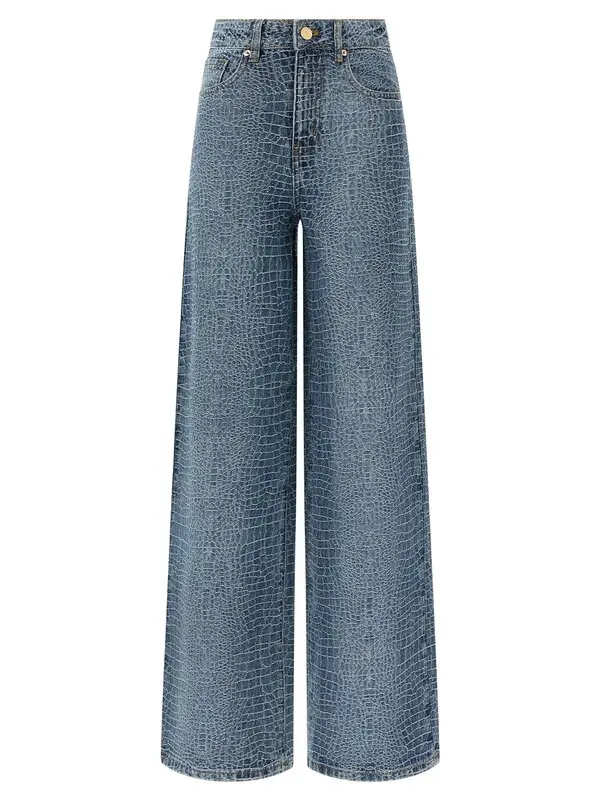 SELF-PORTRAIT Rhinestone Croc Effect Wide Leg Jeans - Blue
