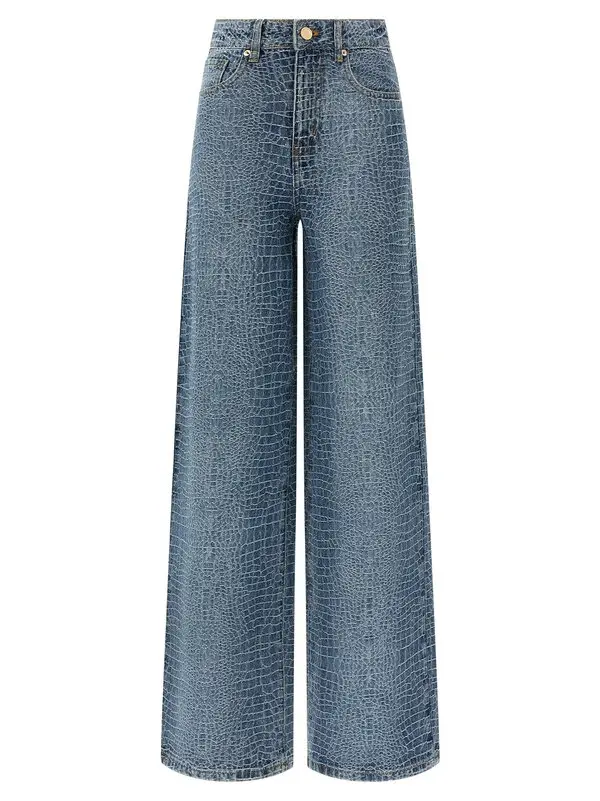 SELF-PORTRAIT Rhinestone Croc Effect Wide Leg Jeans