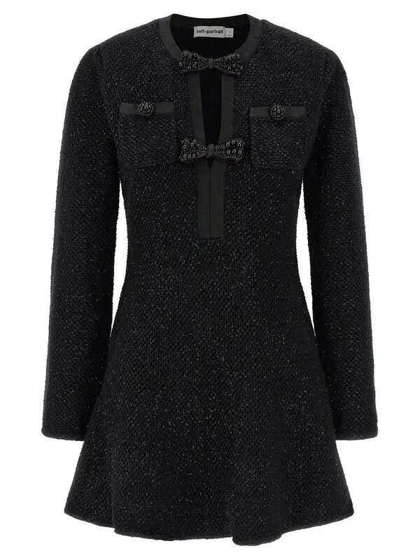 SELF-PORTRAIT Sequin Knit Mini Dress With Bow Detail - Black