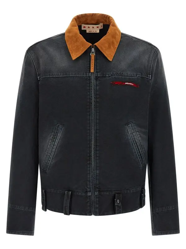 Marni Canvas Jacket With Suede Collar And Logo Detail