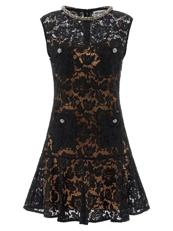 SELF-PORTRAIT Lace Crystal Mini Dress - Black