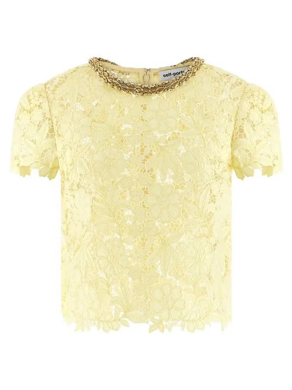 SELF-PORTRAIT Lace Crewneck Top With Pearl And Crystal Embellishment