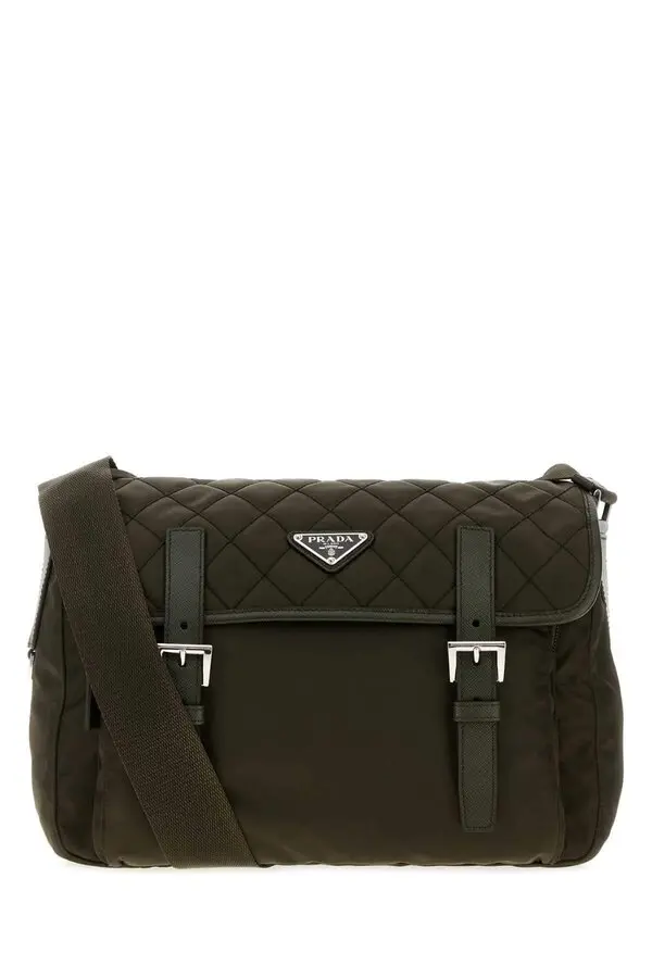 Prada Sand Canvas Shopping Bag With Golden Metal Finishing - Green
