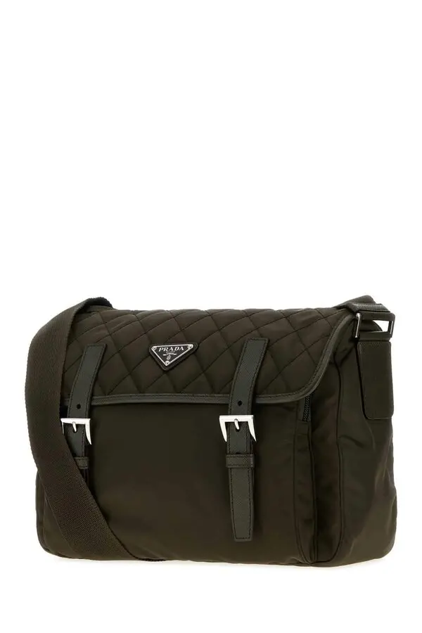 Prada Sand Canvas Shopping Bag With Golden Metal Finishing - Green
