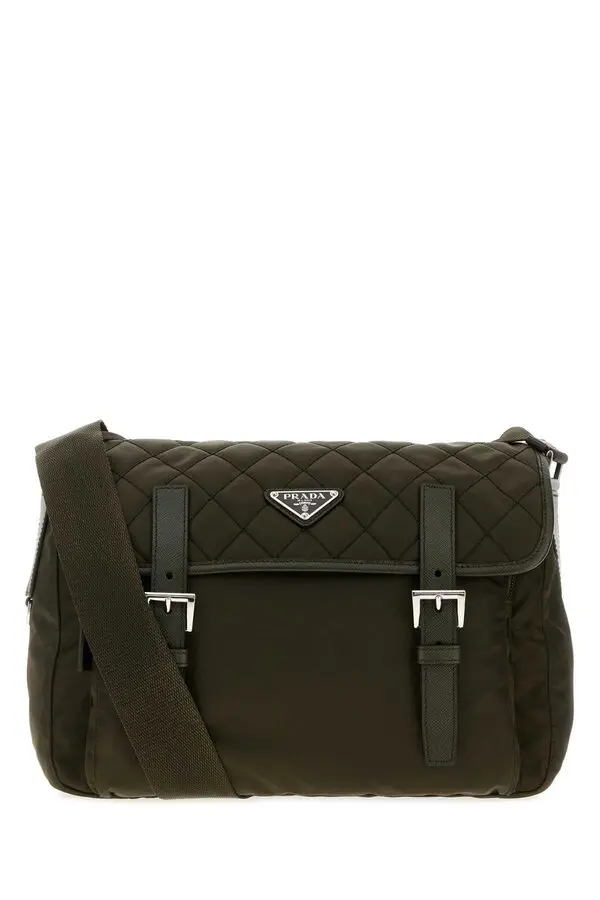 Prada Sand Canvas Shopping Bag With Golden Metal Finishing - Green