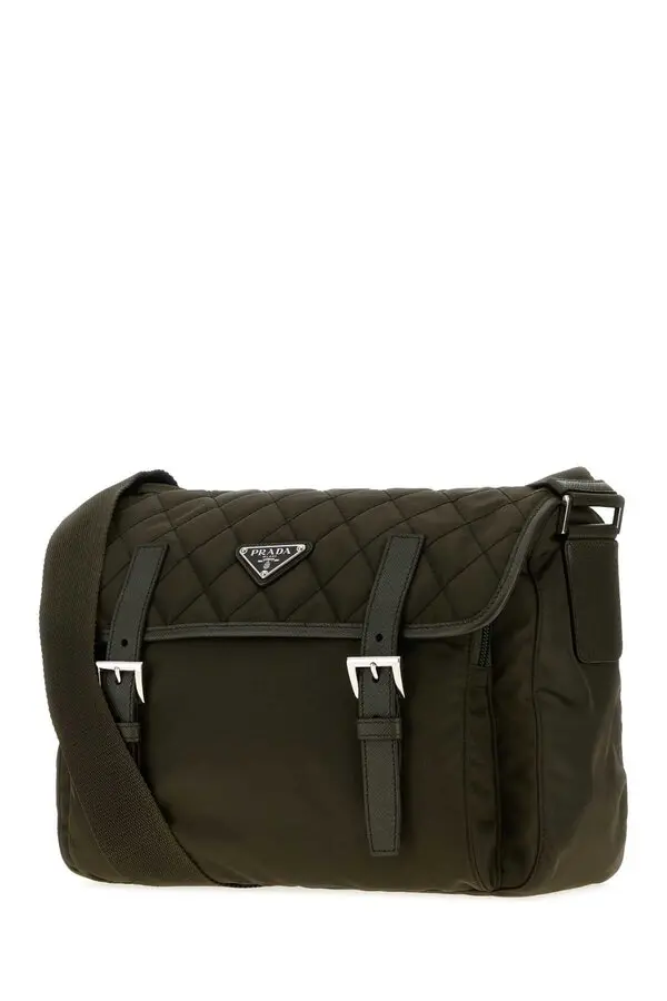 Prada Sand Canvas Shopping Bag With Golden Metal Finishing - Green