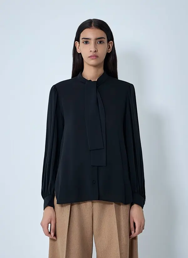Max Mara Silk Button-down Shirt With Self-tie Neckline - Black