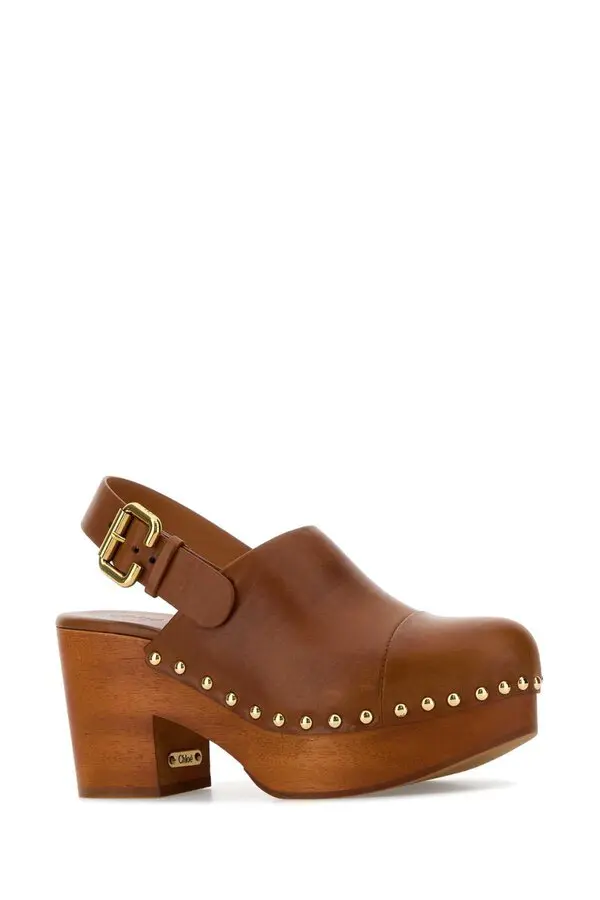Chloé Buckled Leather Clogs With Studded Detailing - Brown